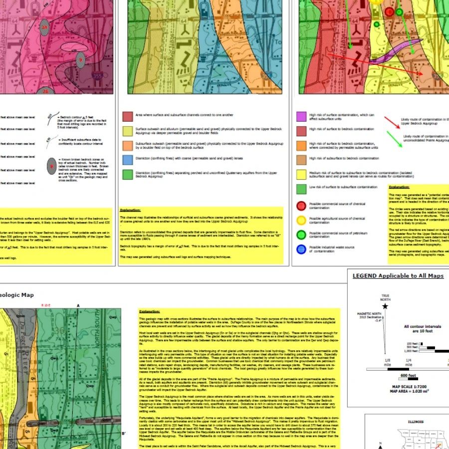 E-042013-1A: Geologic Map, Cross Section, Bedrock Topography, Channel Map, and Contamination ...